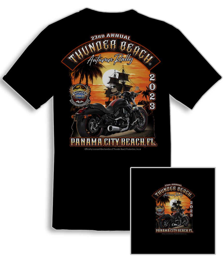 2023 Autumn Rally Thunder Beach Sunset Pirate Bike Design Black T-Shir ...