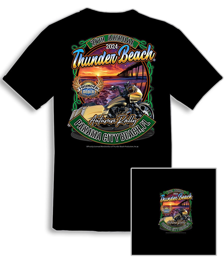 2024 Autumn Rally Thunder Beach Sunset Bike Design Black T-Shirt ...