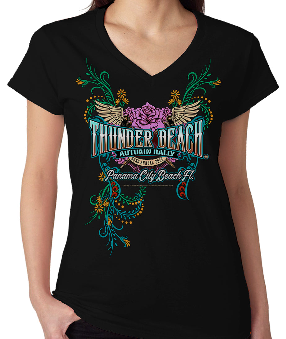 2022 Thunder Beach Autumn Rally - Flowers V-Neck Ladies Top ...